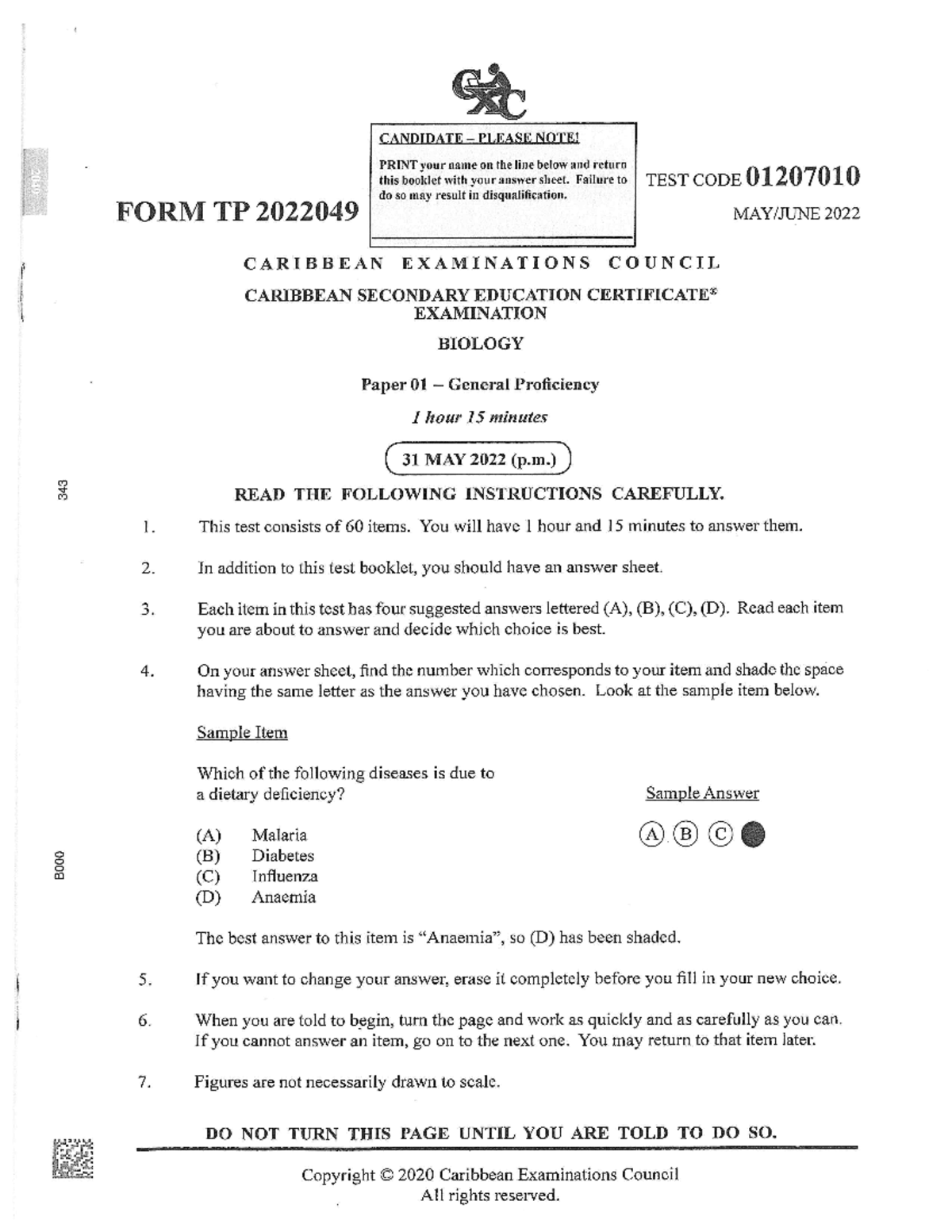 CSEC Biology 2022 P1 - here - biology - Studocu