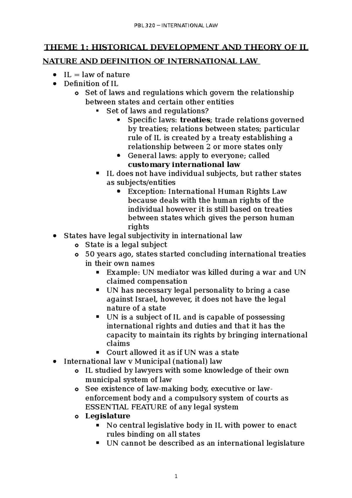 PBL 320 Semester Test 1 Notes - PBL 320 – INTERNATIONAL LAW THEME 1 ...