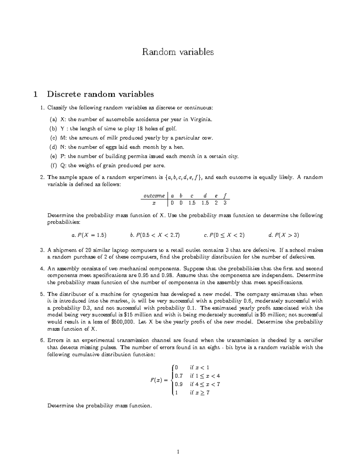 2-RV - Digital Signal Processing - Random variables 1 Discrete random variables Classify the ...