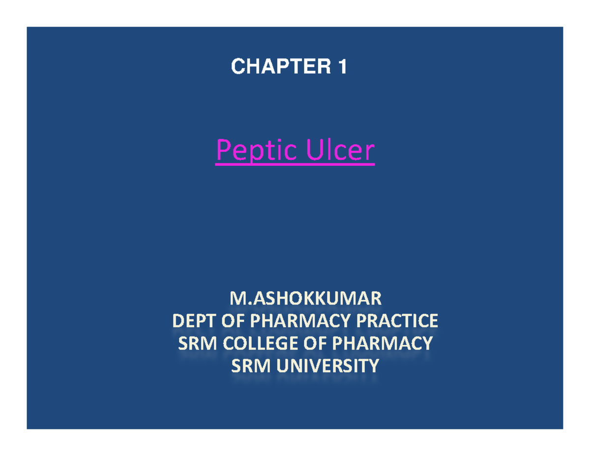 1 Peptic Ulcer disease - notes - Peptic Ulcer M DEPT OF PHARMACY ...