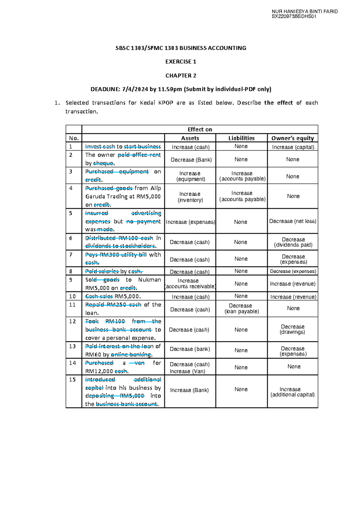 Exercise 1. Chapter 2 - SBSC 1303/SFMC 1303 BUSINESS ACCOUNTING EXERCISE 1 CHAPTER 2 DEADLINE: 7 ...