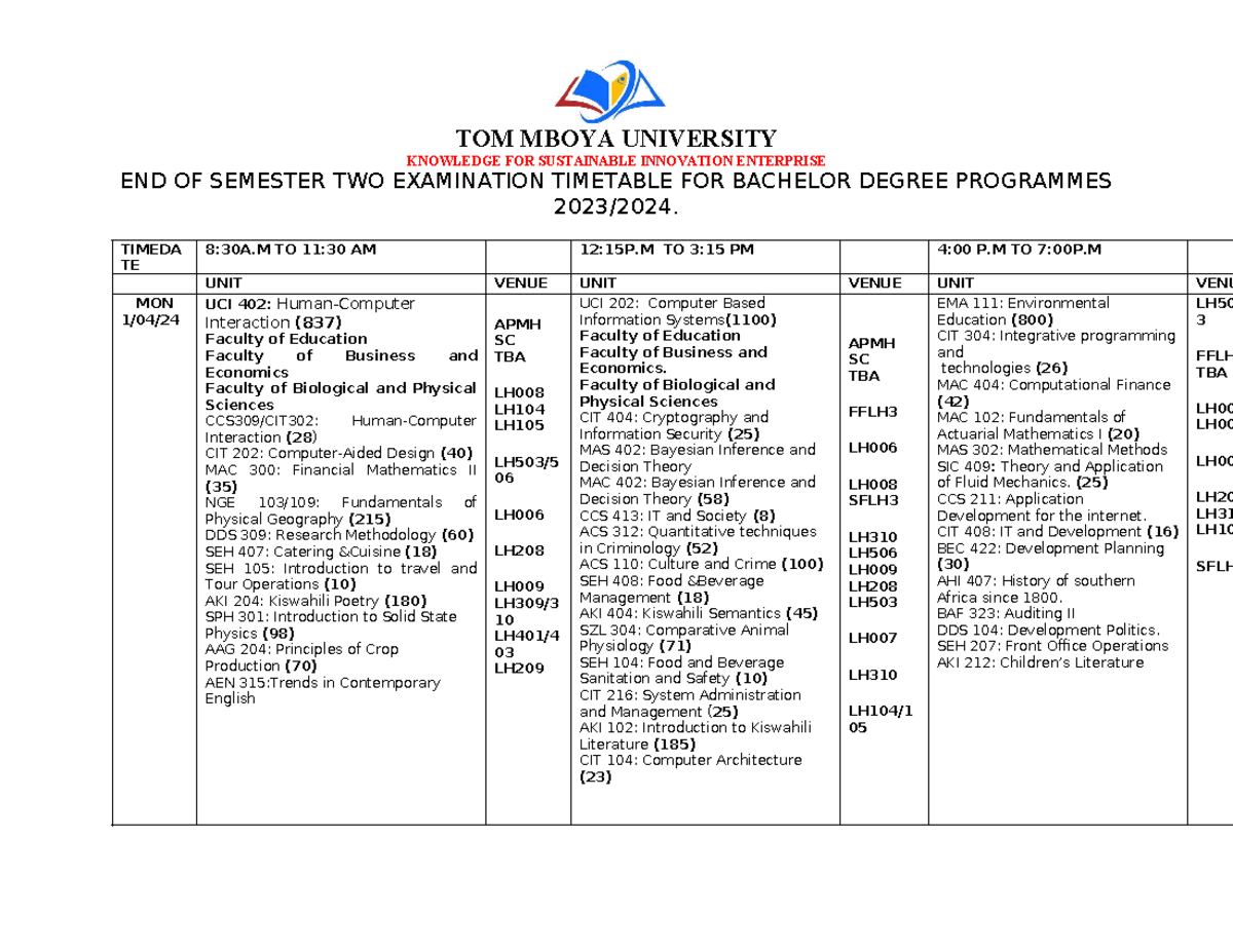 Semester 2 2023 2024 examination timetable - KNOWLEDGE FOR SUSTAINABLE INNOVATION ENTERPRISE END ...