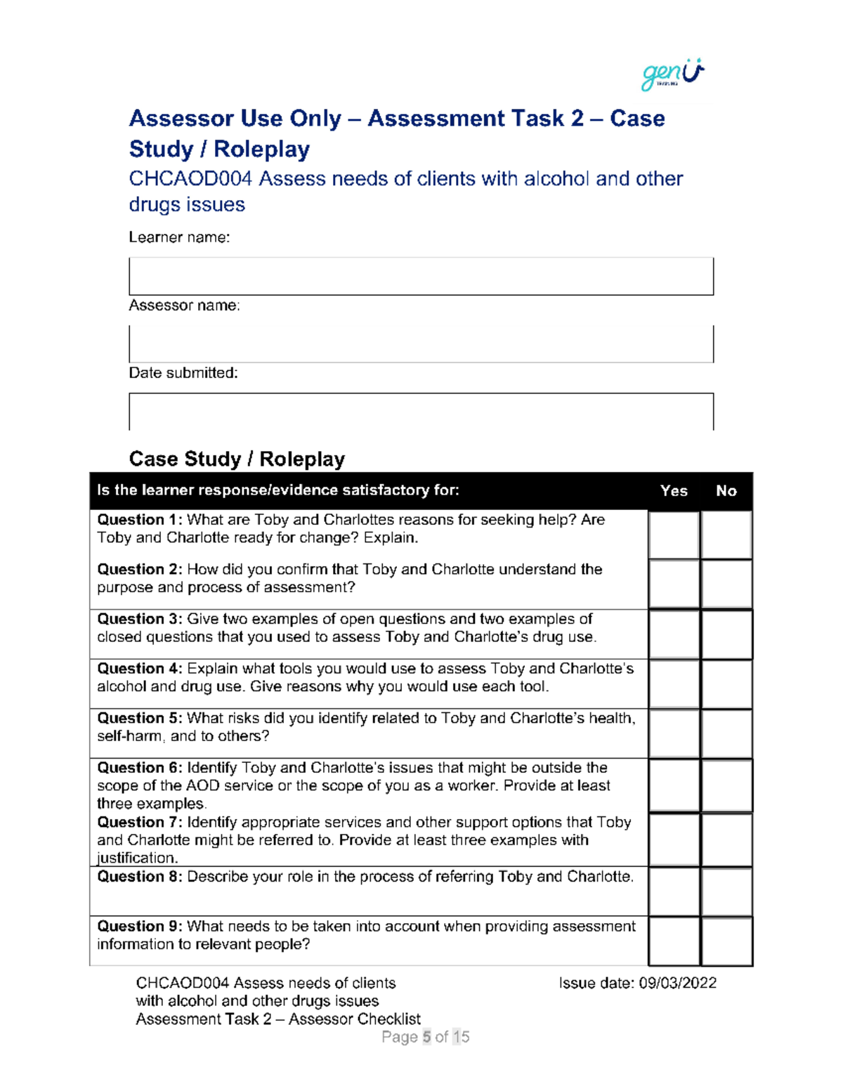 Chcaod 004 Assessor Checklist - gen TRAINING Assessor Use Only ...