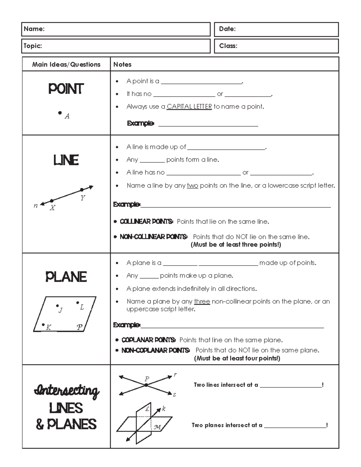 Points Lines Planes - homec - Main Ideas/Questions Notes POINTT x A ...