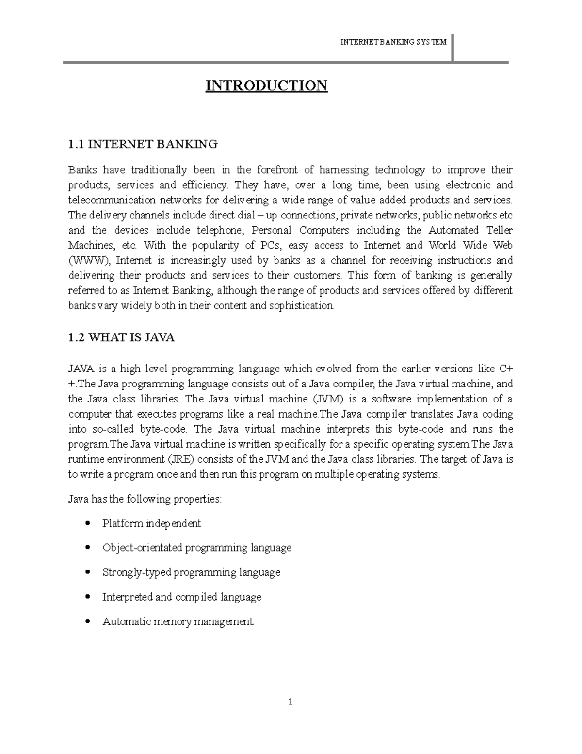 Internet Banking Java Project report - INTRODUCTION 1 INTERNET BANKING ...