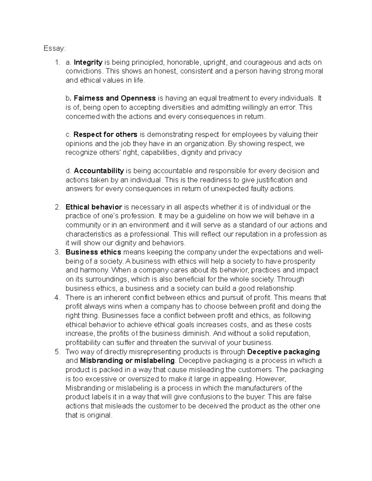 Gobermi Midterm Answer Sheet - Essay: a. Integrity is being principled ...