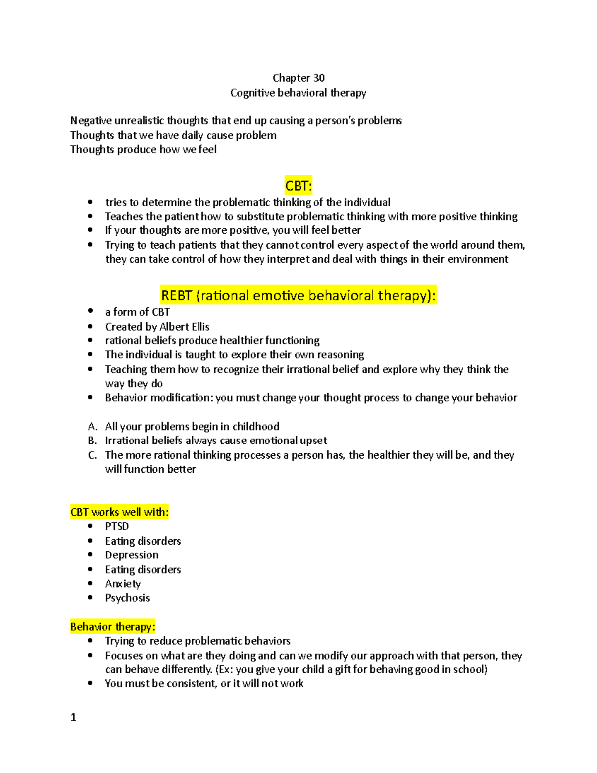 Exam 6 mental - Notes - Chapter 30 Cognitive behavioral therapy ...