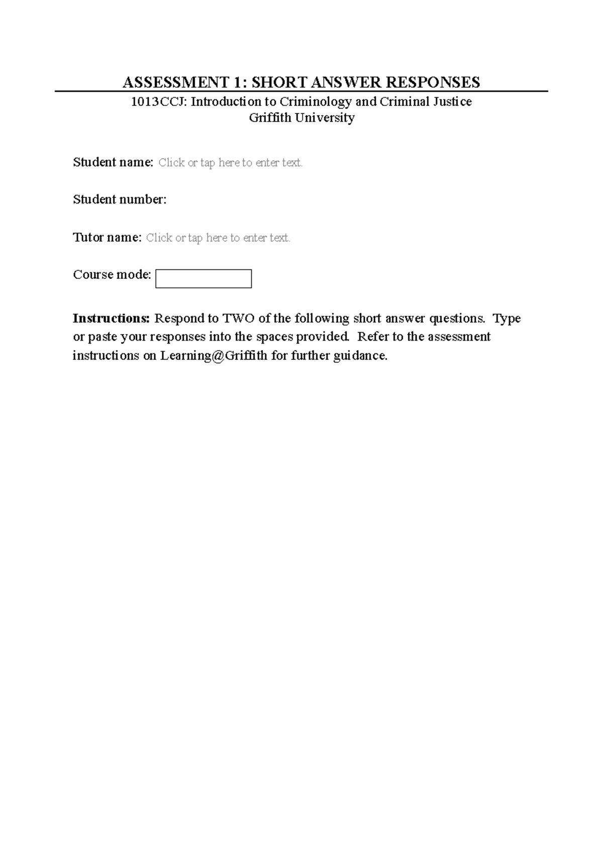 Short Answer 1 - assignment - ASSESSMENT 1: SHORT ANSWER RESPONSES ...