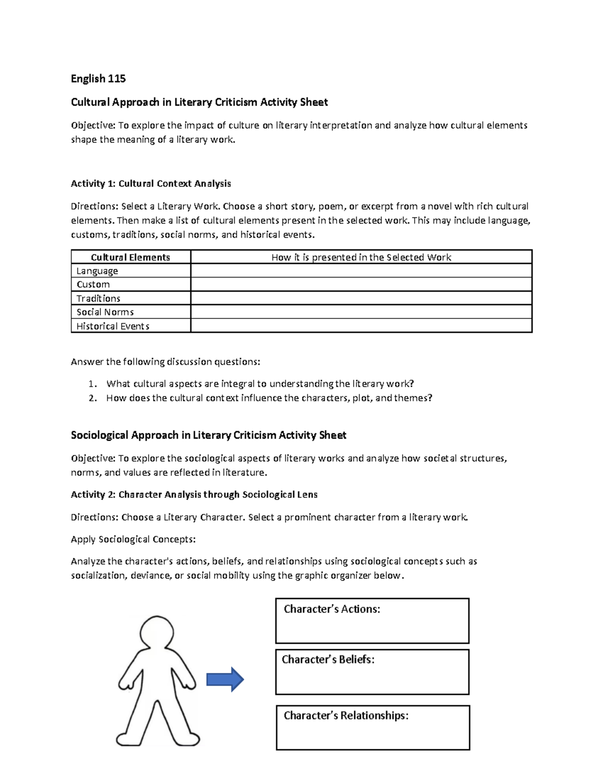 English 115 114 activity - English 115 Cultural Approach in Literary ...