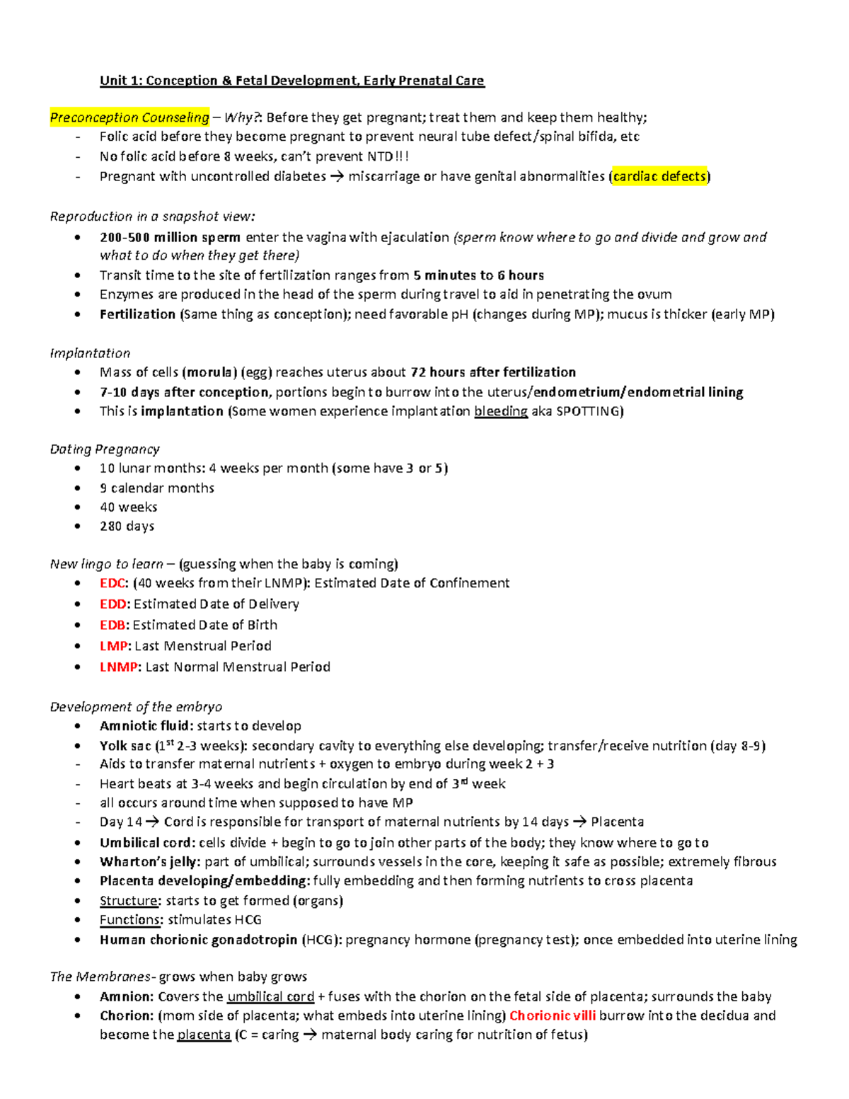N4341- Module 1 Notes - Unit 1: Conception & Fetal Development, Early ...