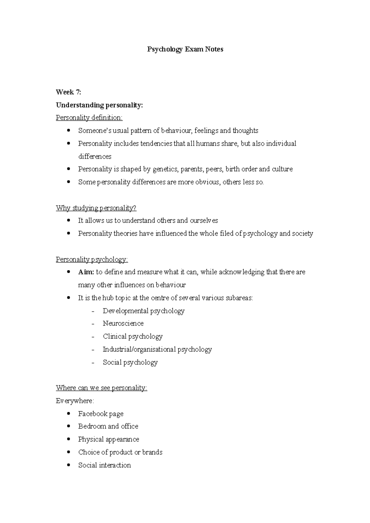 Psychology Exam Notes-W7 - Psychology Exam Notes Week 7: Understanding ...
