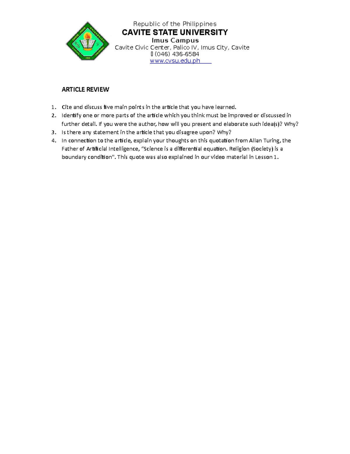 Article Review - Republic of the Philippines CAVITE STATE UNIVERSITY ...