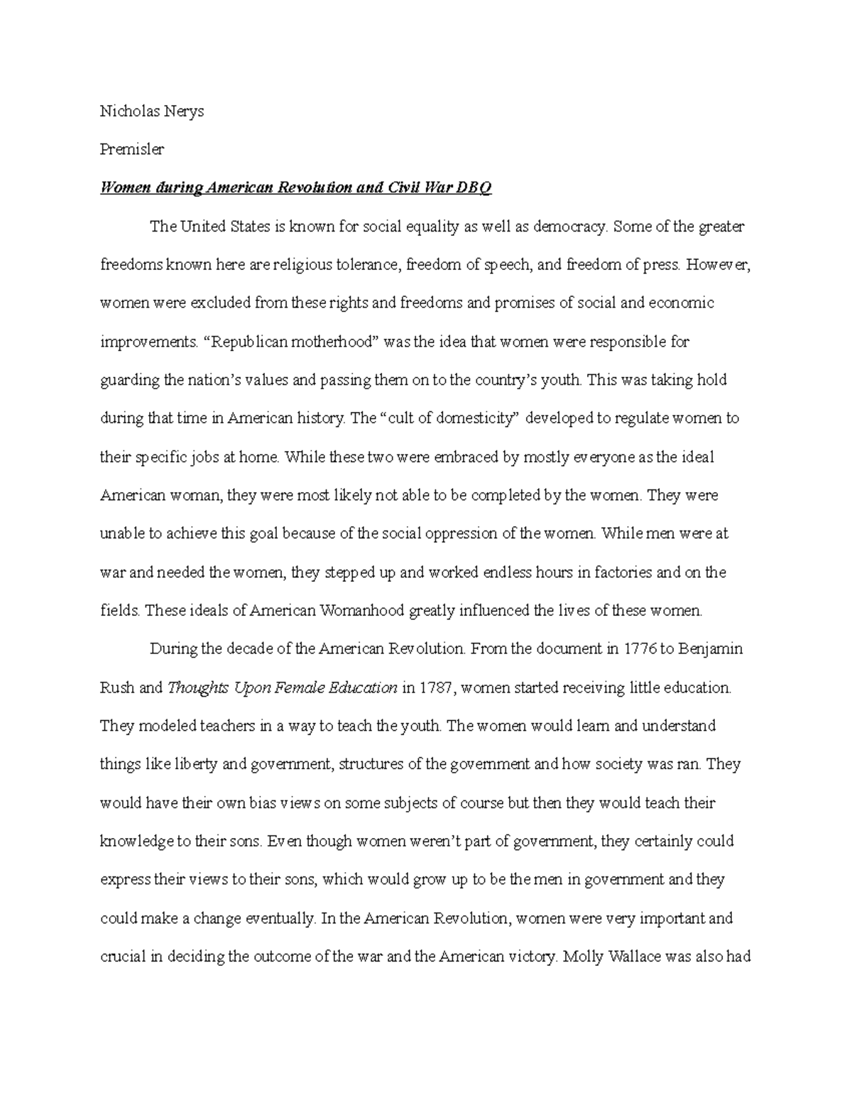 Women during American Revolution and Civil War DBQ - Nicholas Nerys ...