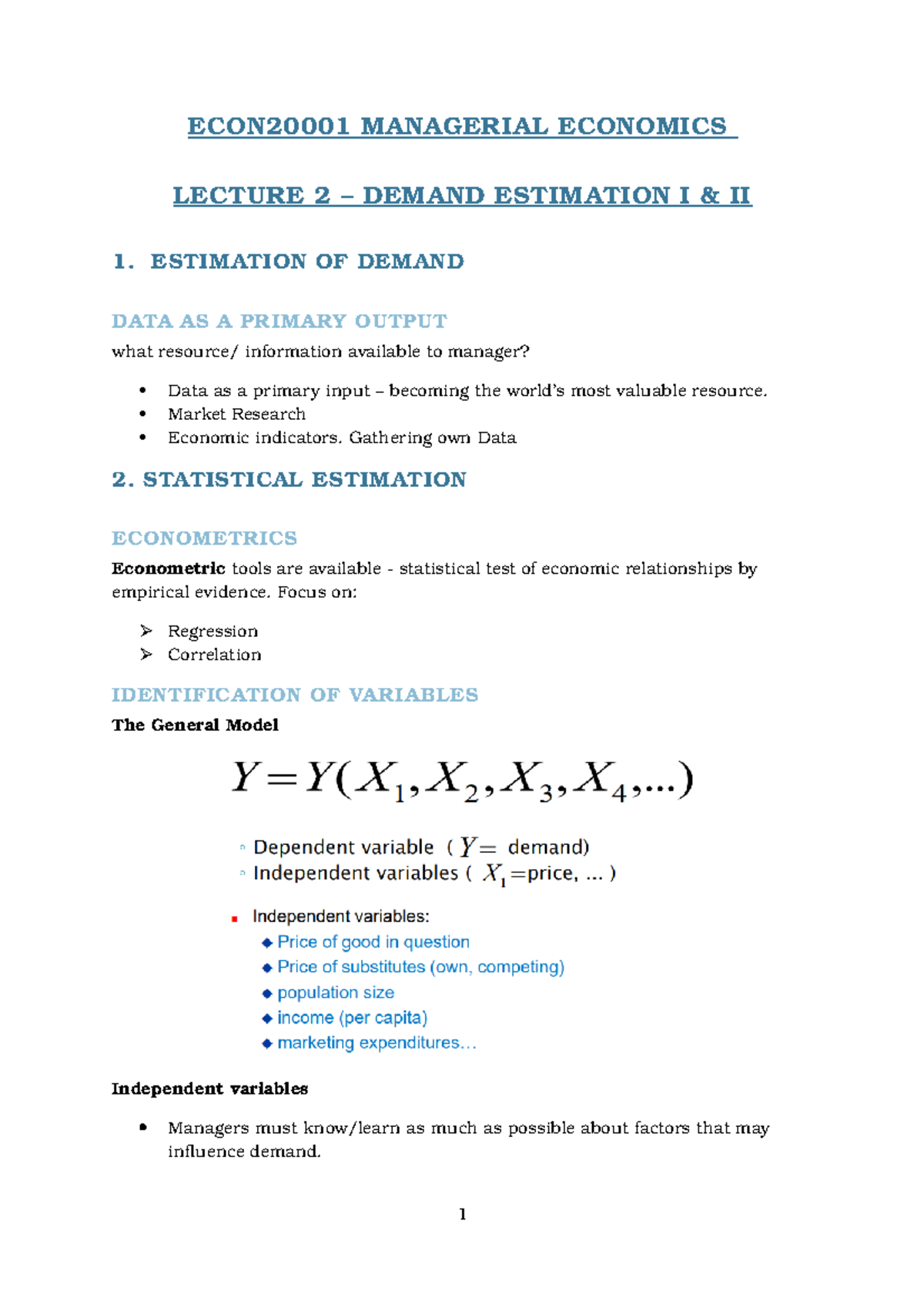 Demand Estimation I & II - ECON20001 MANAGERIAL ECONOMICS LECTURE 2 ...