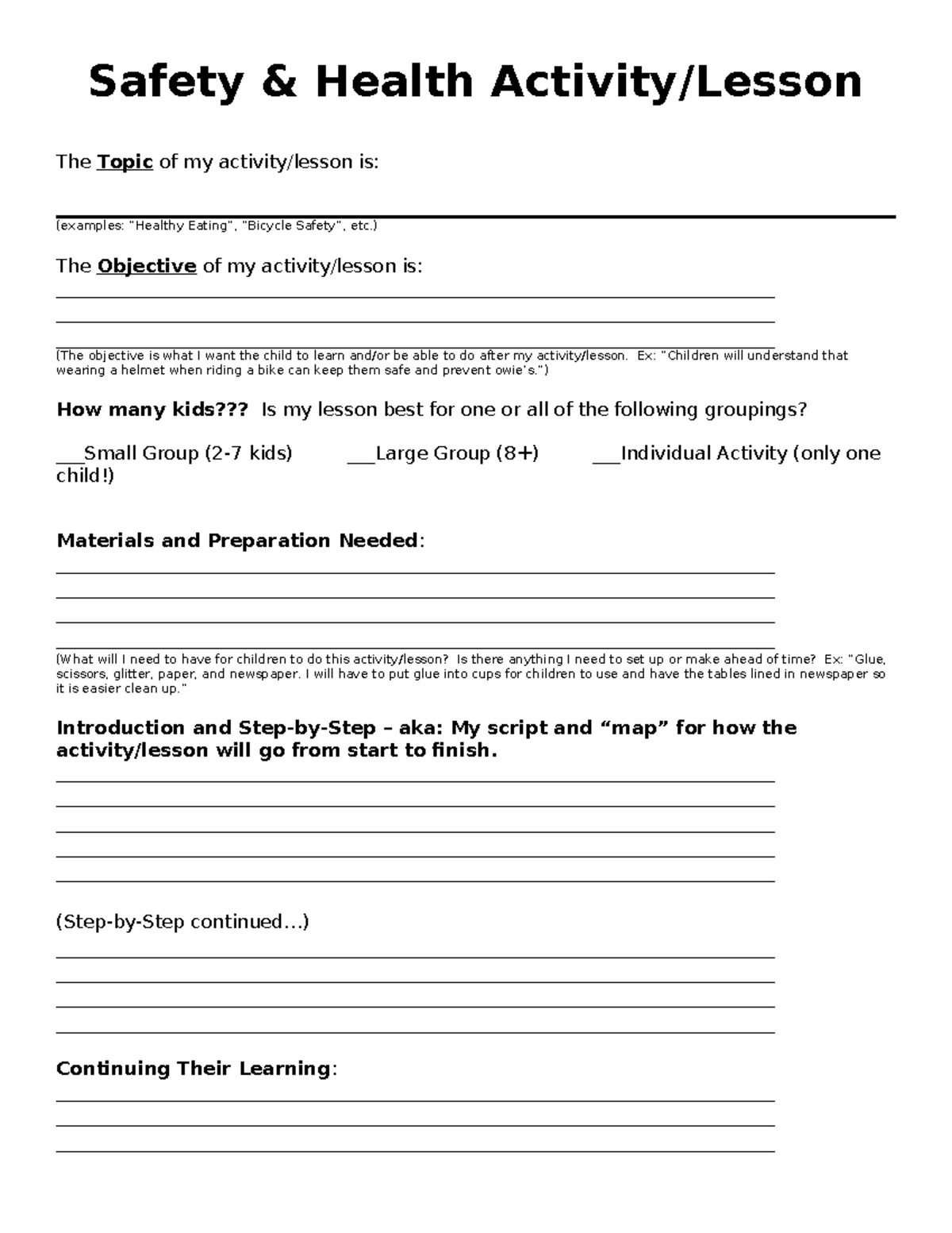 Safety Lesson Plan Form WORD DOC - Safety & Health Activity/Lesson The ...