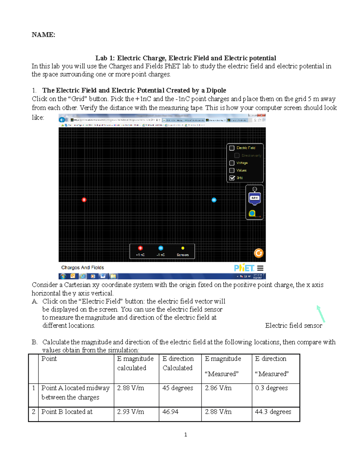Lab 1 Worksheet - physics - NAME: Lab 1: Electric Charge, Electric ...