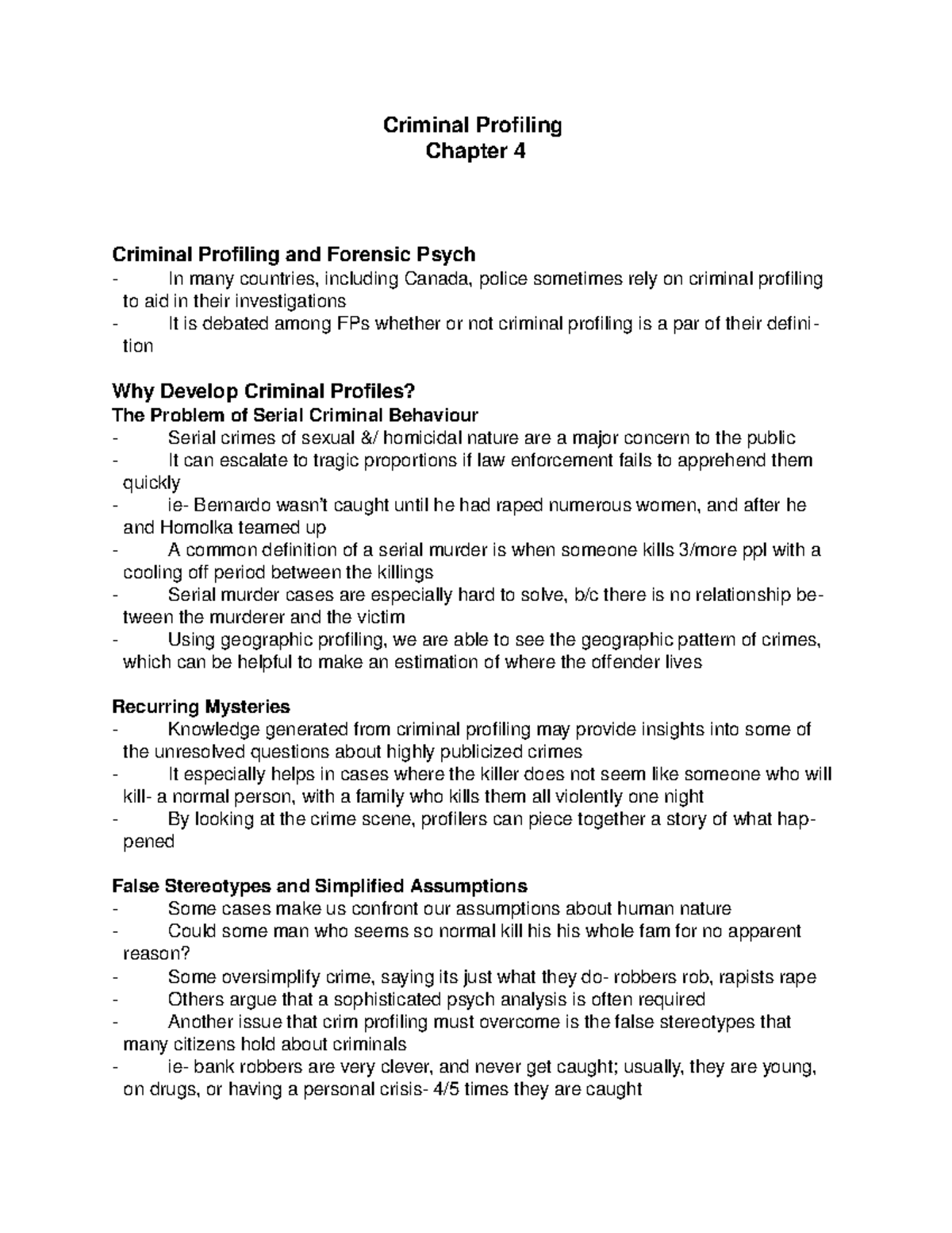 Summary - Criminal Profiling - Criminal Profiling Chapter 4 Criminal ...