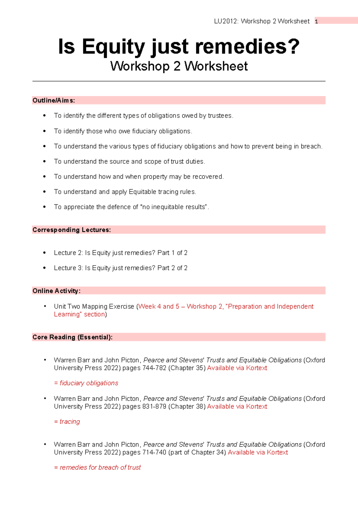 Workshop 2 - Questions - Is Equity just remedies? Workshop 2 Worksheet ...