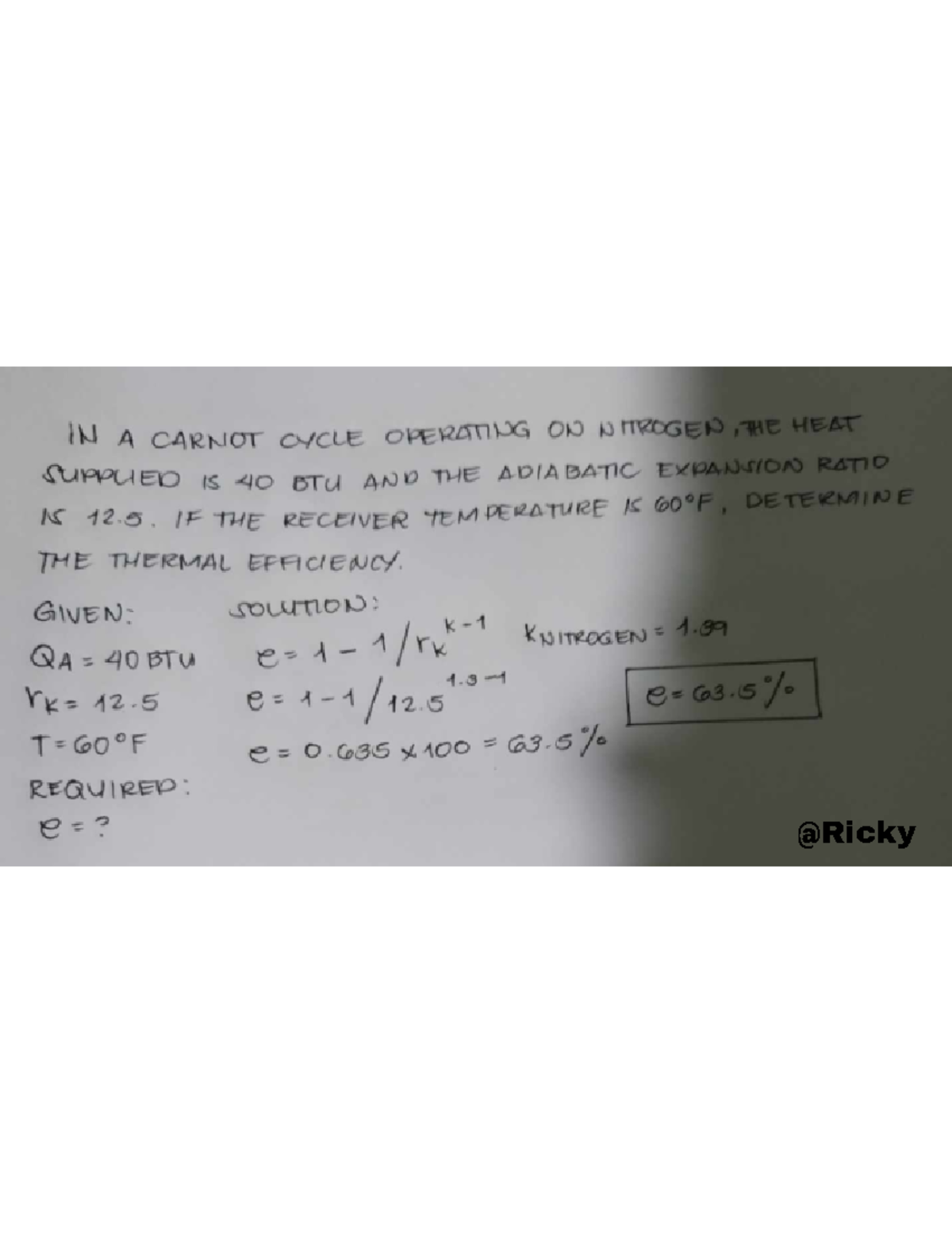Carnot Cycle Example Problem 1 - Mechanical Engineering - @Ricky - Studocu