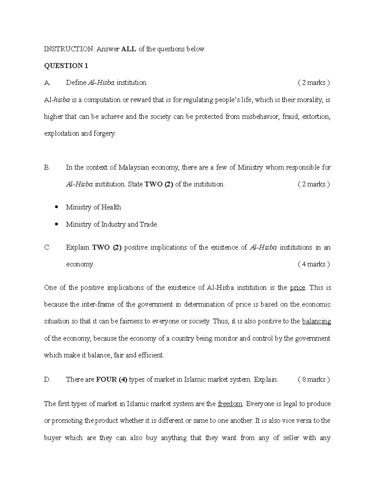 QUIZ 1 - INSTRUCTION: Answer ALL of the questions below. QUESTION 1 A ...