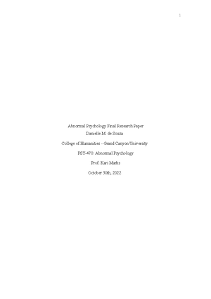 Abnormal PSY-470 Paper Rough Draft - Abnormal Psychology Research Paper ...