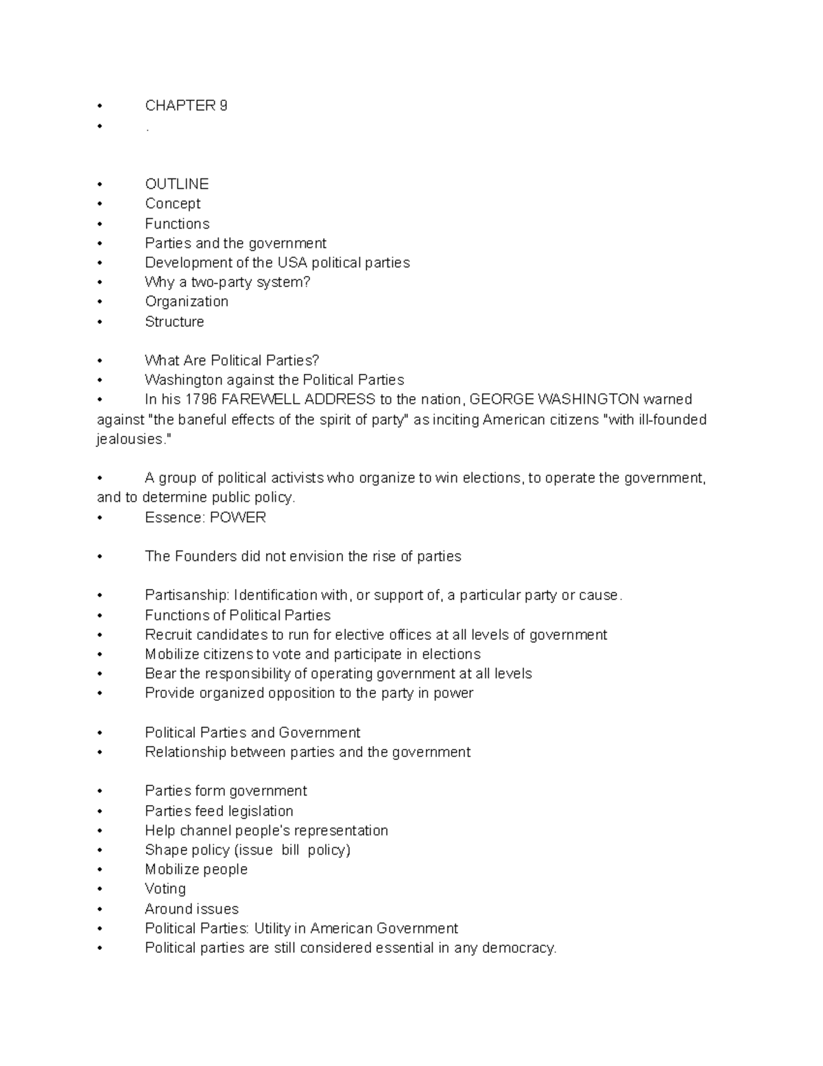 2 - notes - • CHAPTER 9 •. • OUTLINE Concept Functions Parties and the ...
