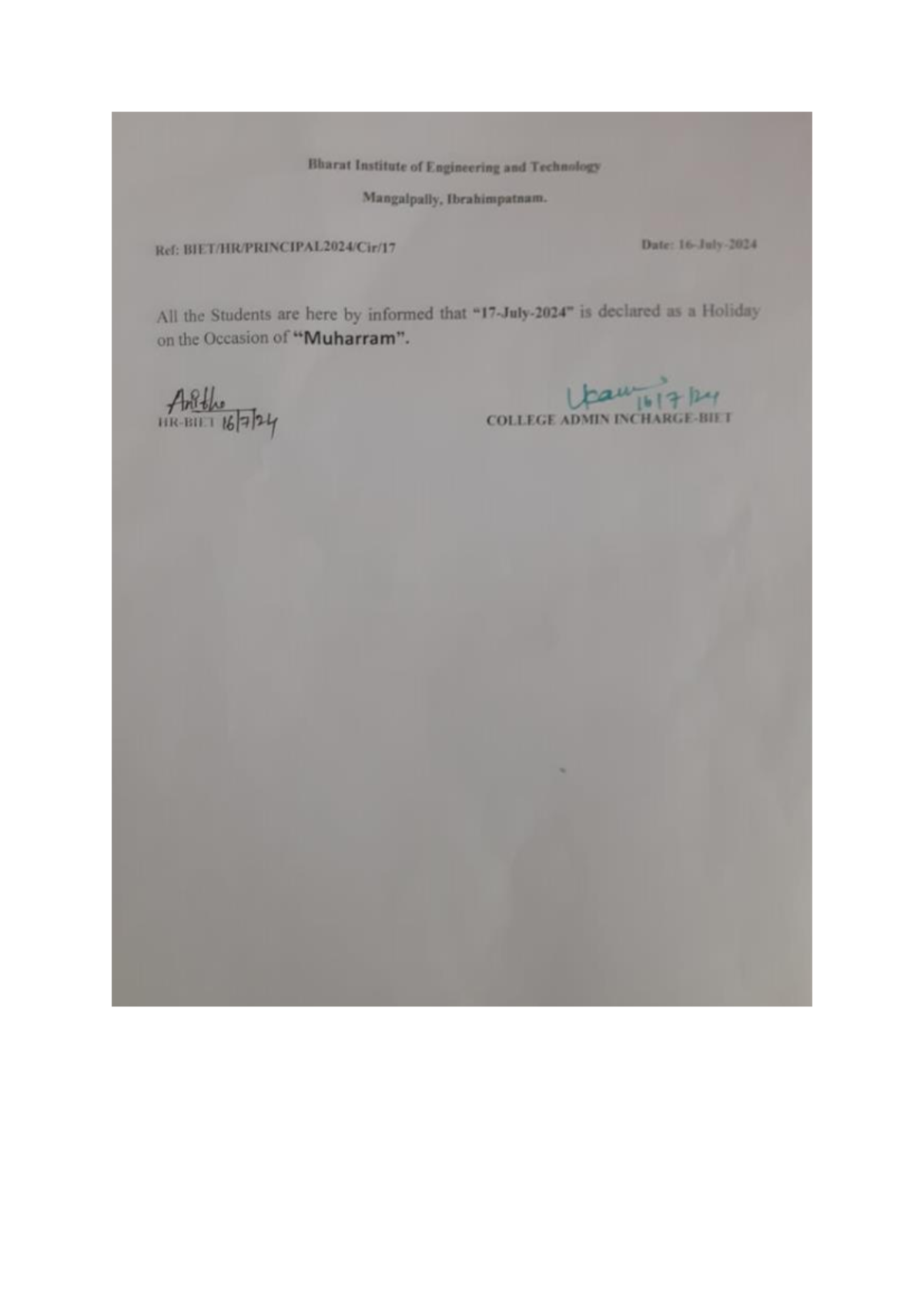 Muharam Circular - Hello - R18 B.Tech. Cse (Computer Networks) Iii & Iv ...