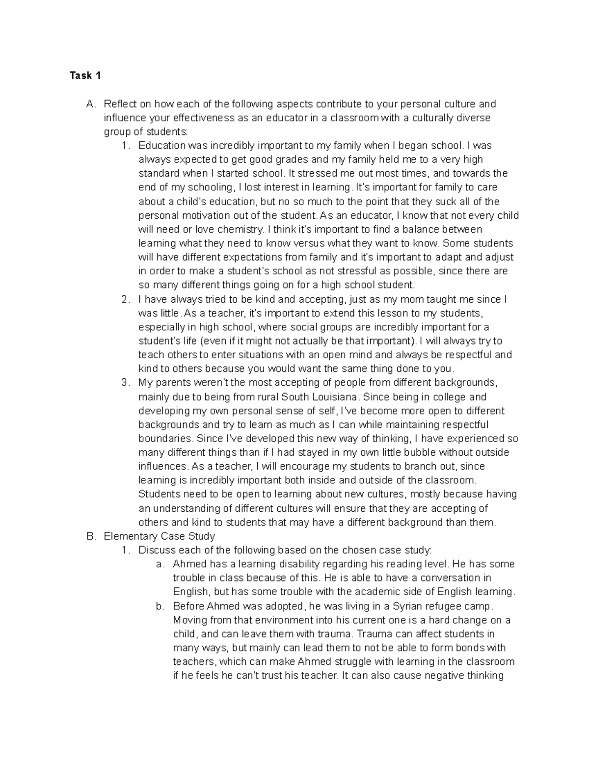 Fundamentals of Diverse Learners D096 - Task 1 - Task 1 A. Reflect on ...