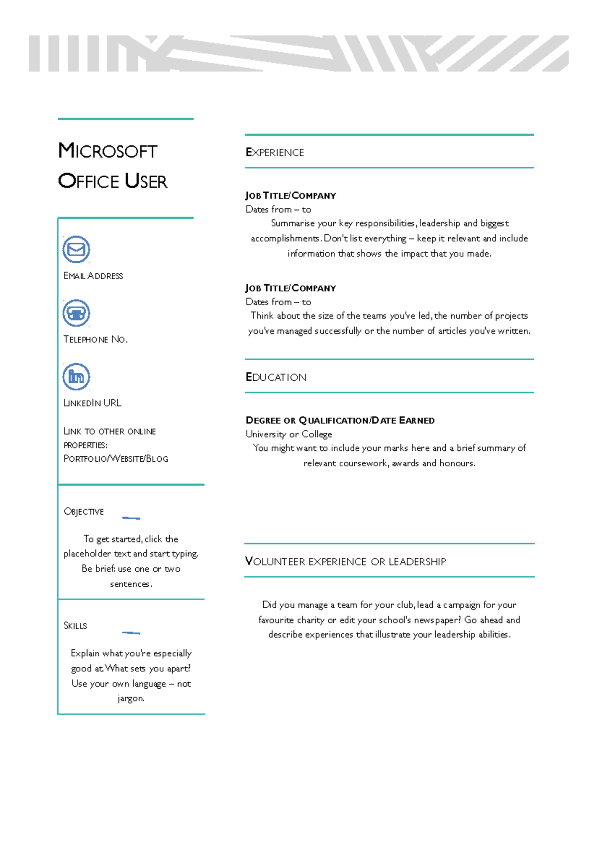 Resume-Template - MICROSOFT OFFICE USER EMAIL ADDRESS TELEPHONE NO ...