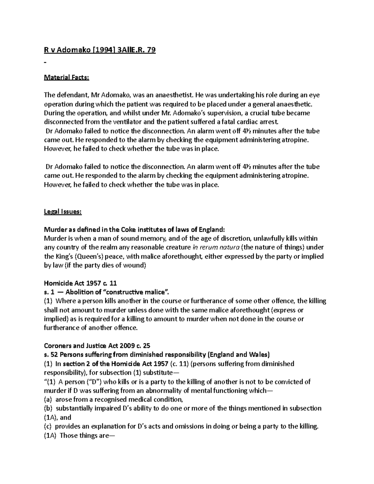 R v Adomako Case Note - R v Adomako [1994] 3AllE. 79 Material Facts ...