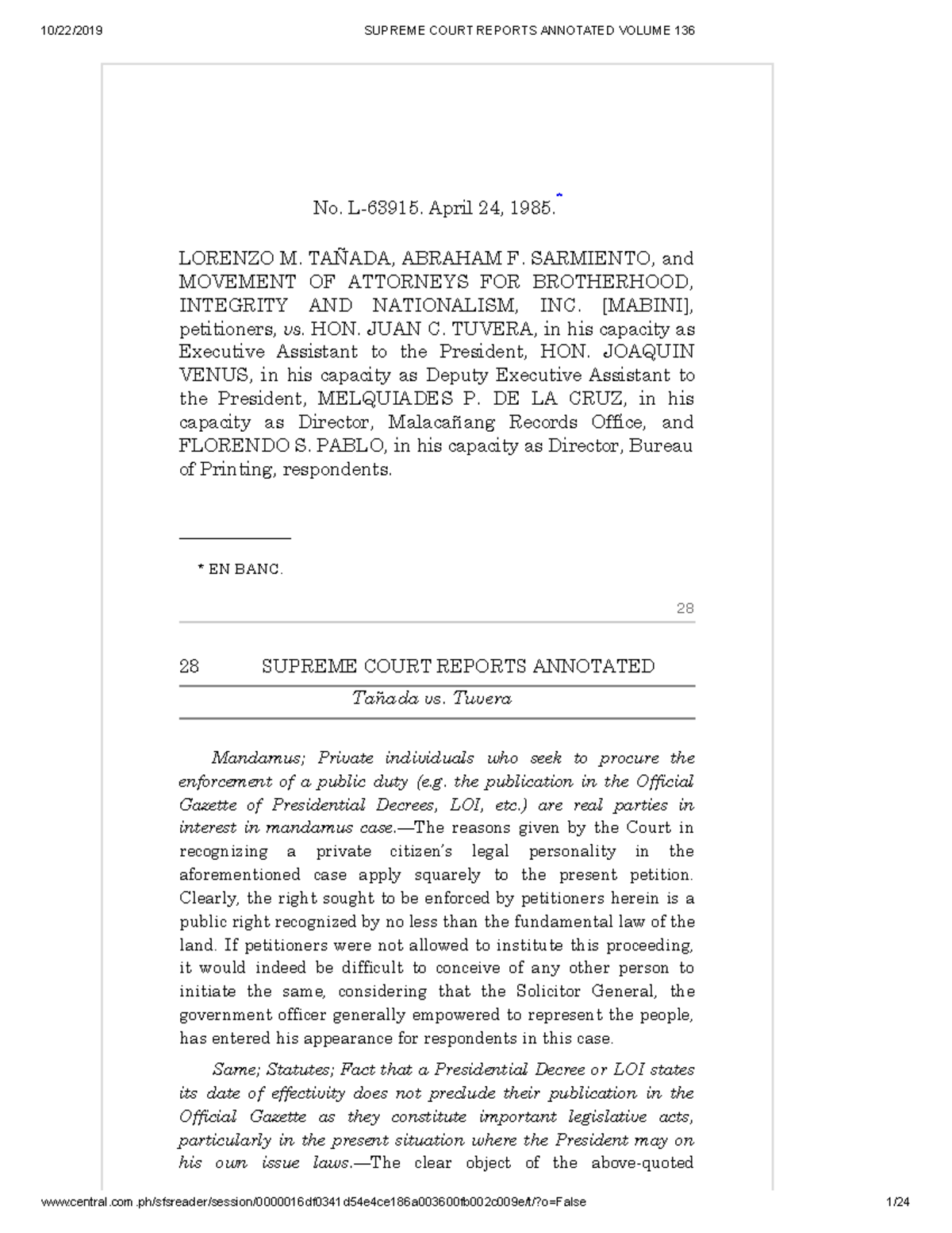 1. Tañada vs Tuvera - Persons and Family Relations - College of Law - Studocu