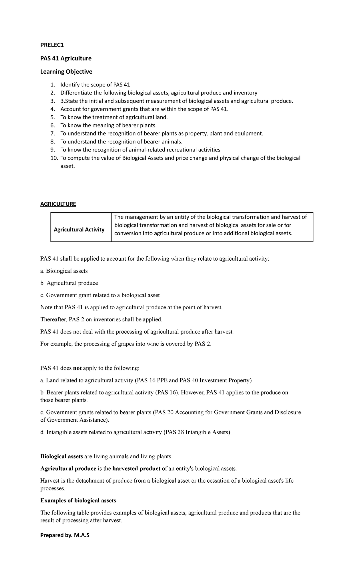 PAS 41 Agriculture - PRELEC PAS 41 Agriculture Learning Objective ...