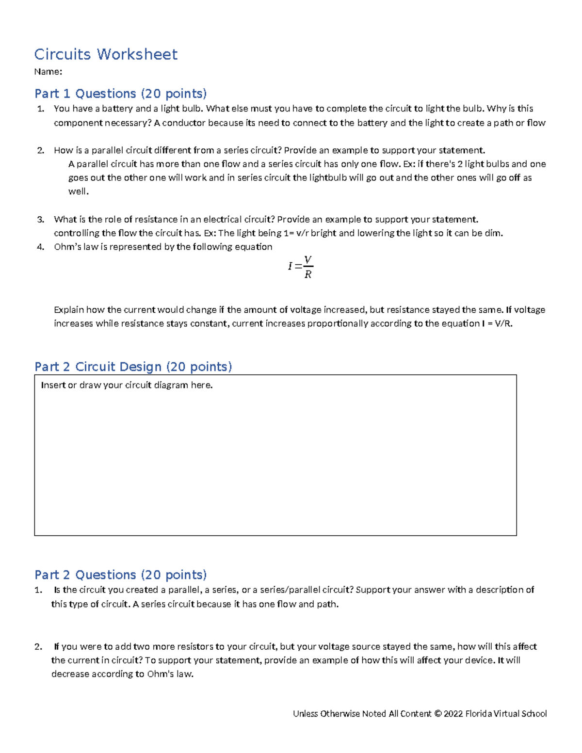 Circuits worksheet - rizz - Circuits Worksheet Name: Part 1 Questions ...