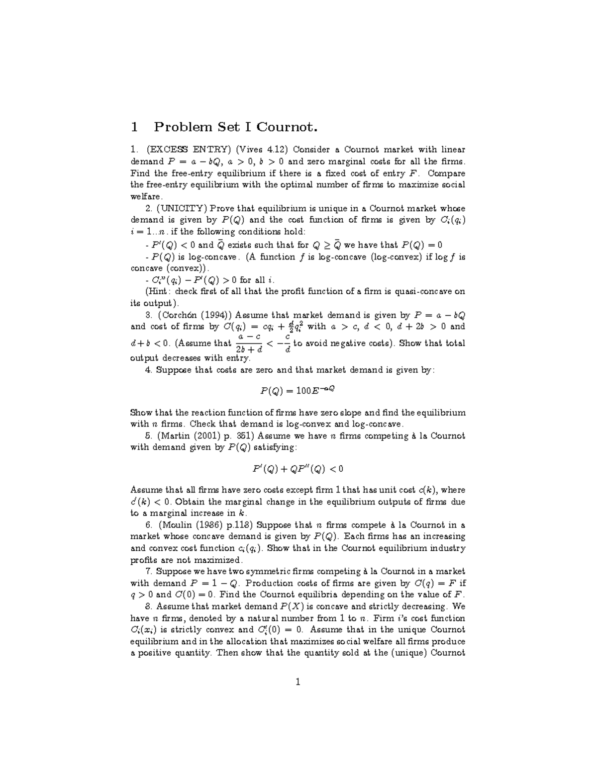 Practice exercices and problem sets - 1 Problem Set I Cournot. (EXCESS ...