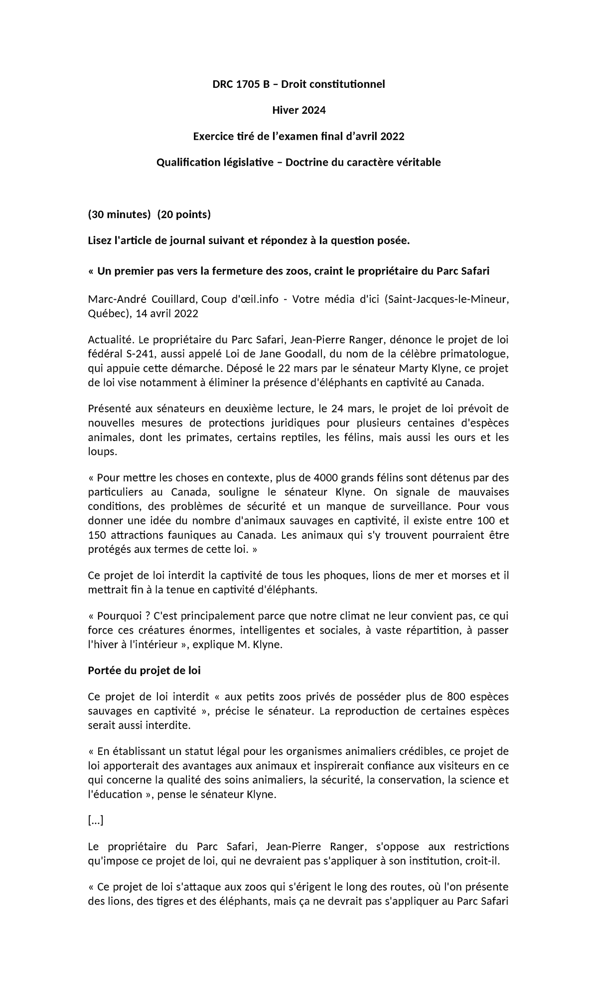 Consti Exercise - practice - DRC 1705 B – Droit constitutionnel Hiver ...