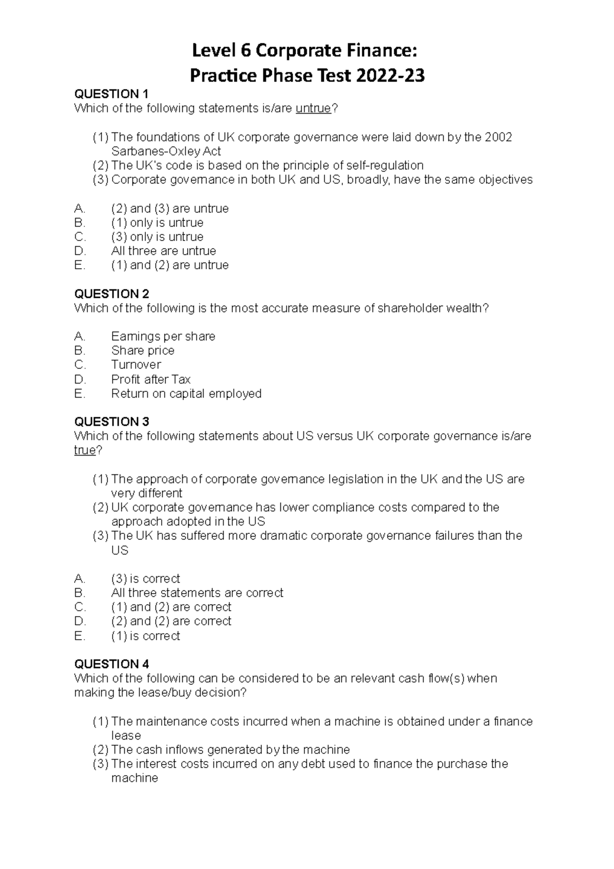 L6 Corporate Finance Practice Phase Test 2022-23 doc copy - Practice ...