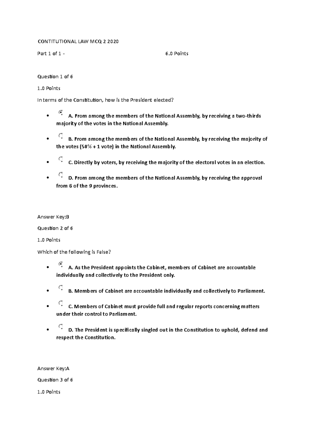 Contitutional LAW MCQ 2 2020 - CONTITUTIONAL LAW MCQ 2 2020 Part 1 of 1 ...