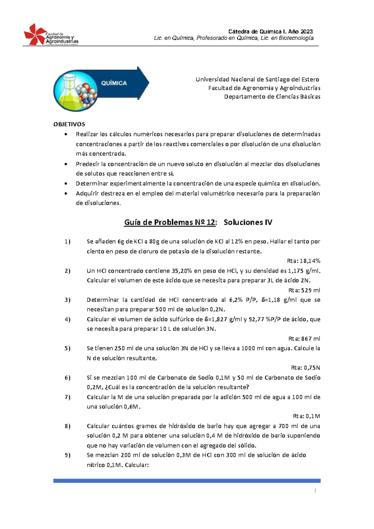TP N12 - Soluciones IV - guias - 1 Cátedra de Química I. Año 2023 Lic. en Química, Profesorado ...