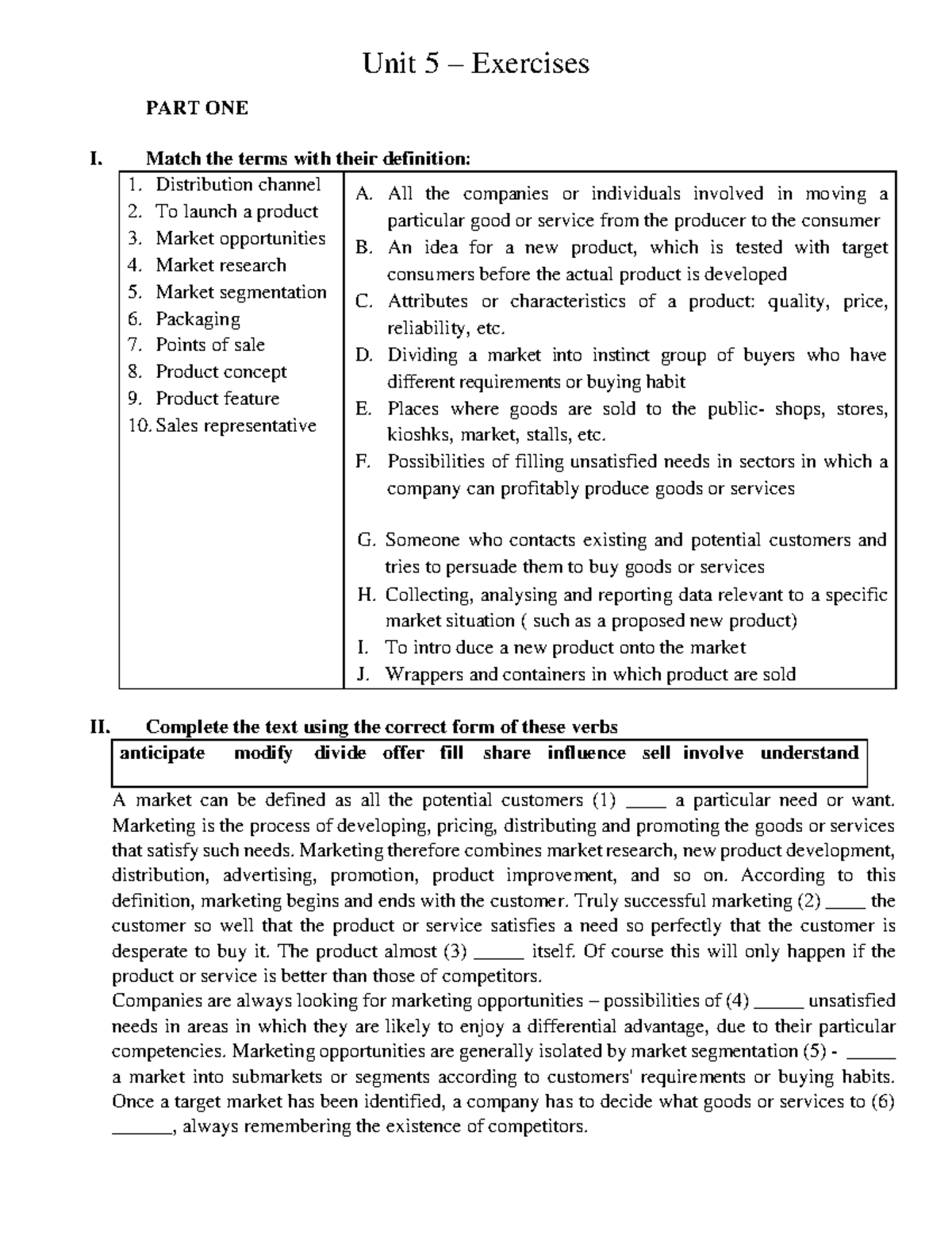 Unit 5 - Exercises to sts - Unit 5 – Exercises PART ONE I. Match the terms with their definition ...