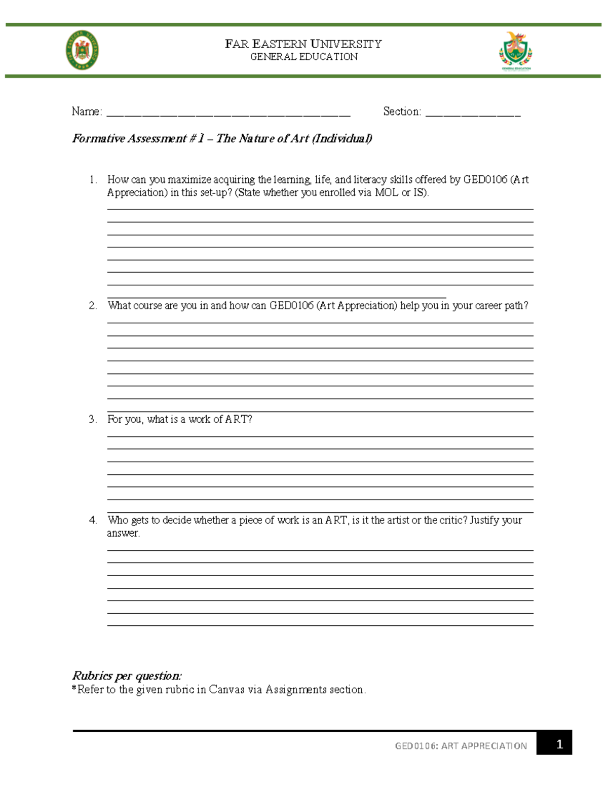 reflective essay in art appreciation (1st year) - FAR EASTERN ...