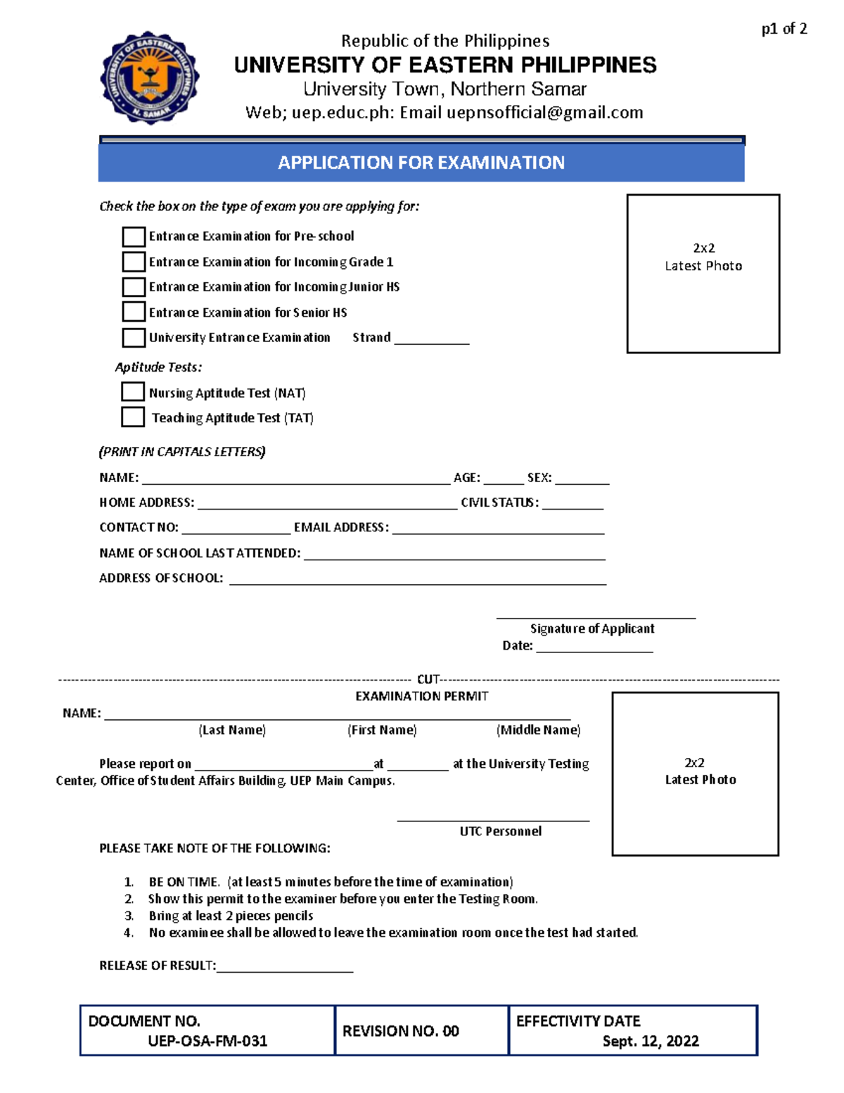 Application FOR Examination 2 - Republic of the Philippines UNIVERSITY ...