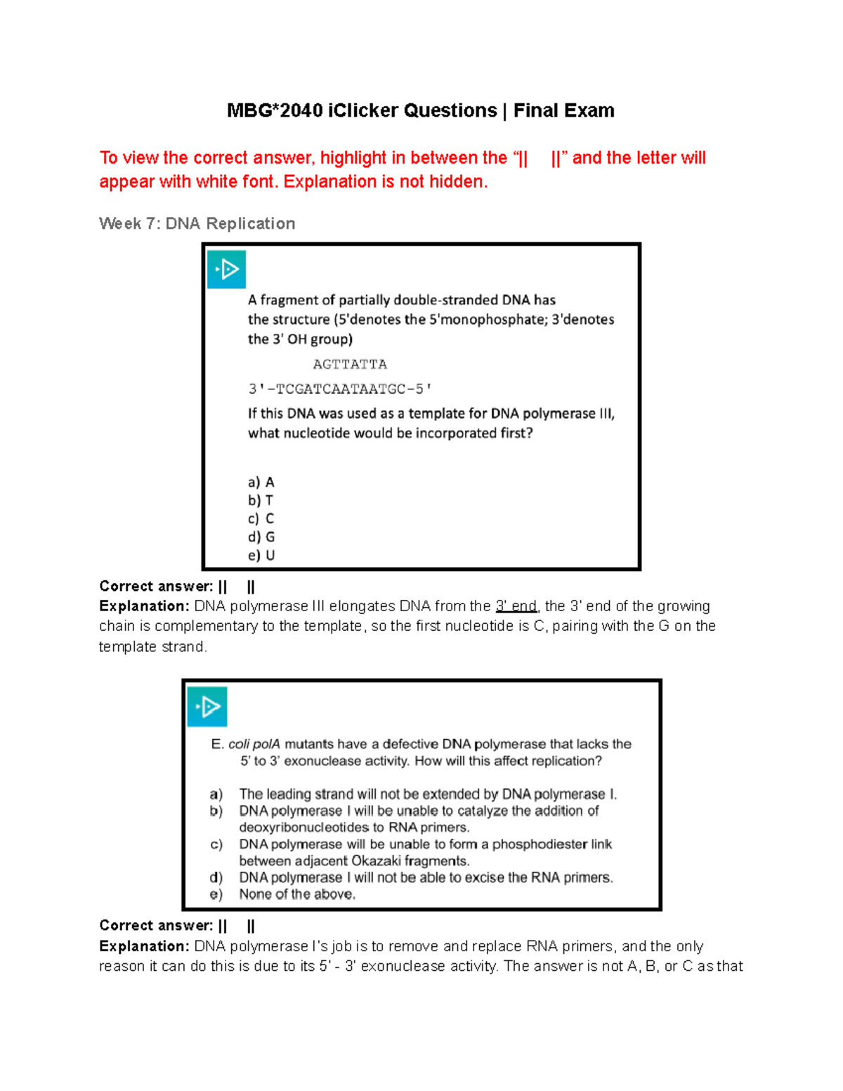 MBG 2040 i Clicker Questions - Explanation is not hidden. Week 7: DNA ...