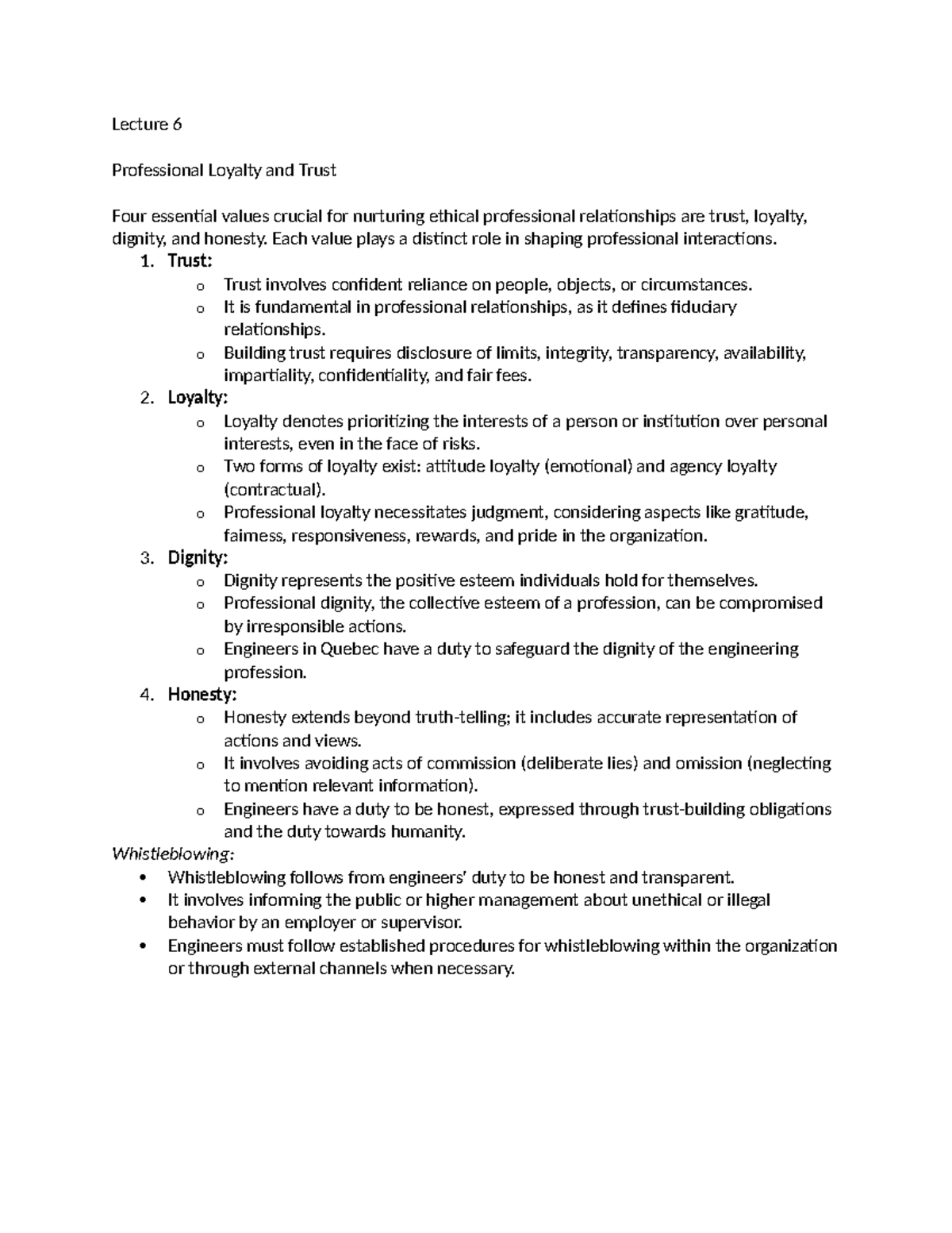 ENGR 201 L6 - Summary Professional Practice and Responsibility - Lecture 6 Professional Loyalty ...