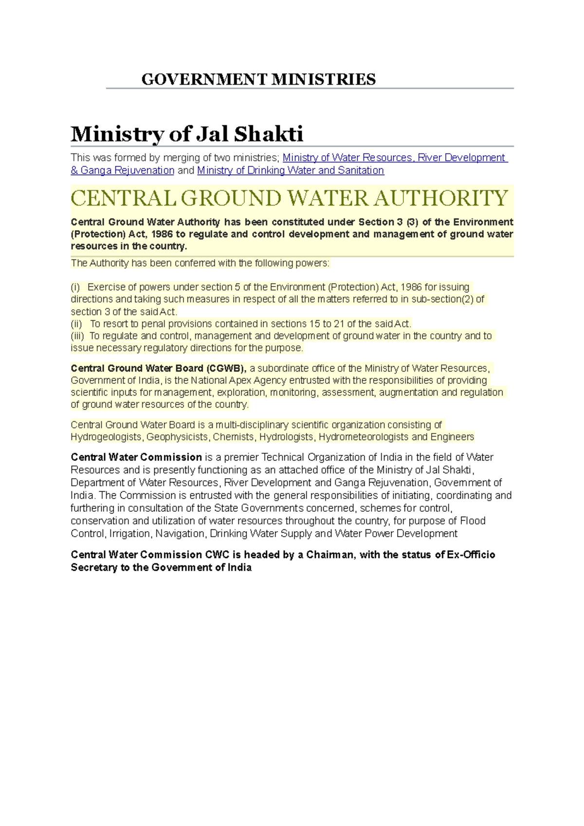 Government Ministries 6 - GOVERNMENT MINISTRIES Ministry of Jal Shakti ...