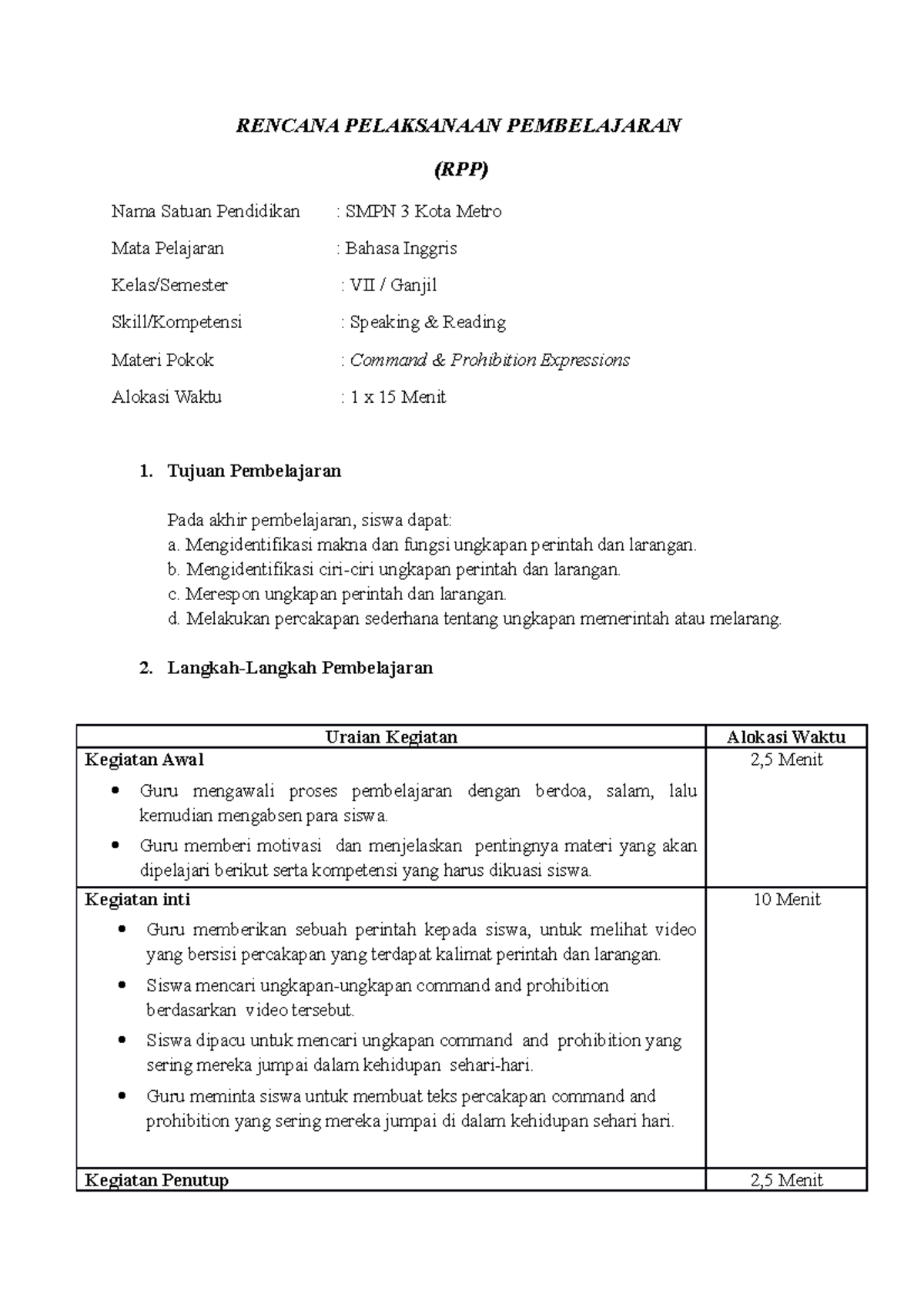 RPP SMP Resfina Meilita Sari 2 - RENCANA PELAKSANAAN PEMBELAJARAN (RPP) Nama Satuan Pendidikan ...