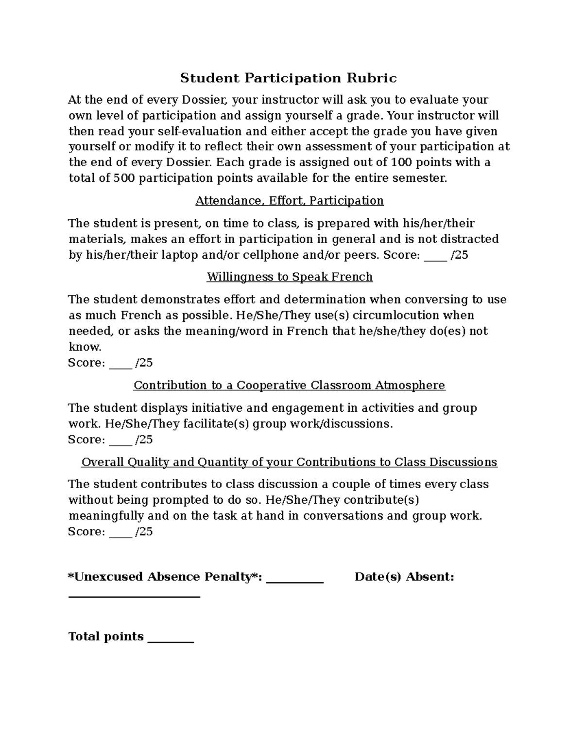 BLP Participation Self Evaluation Rubric FA 21 - Student Participation ...