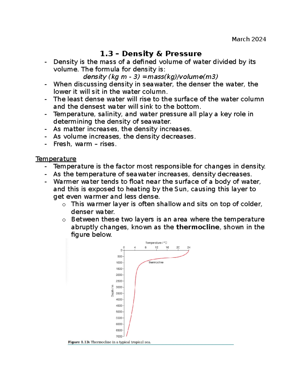 Chapter 1.3 Notes - March 2024 1 – Density & Pressure Density is the ...