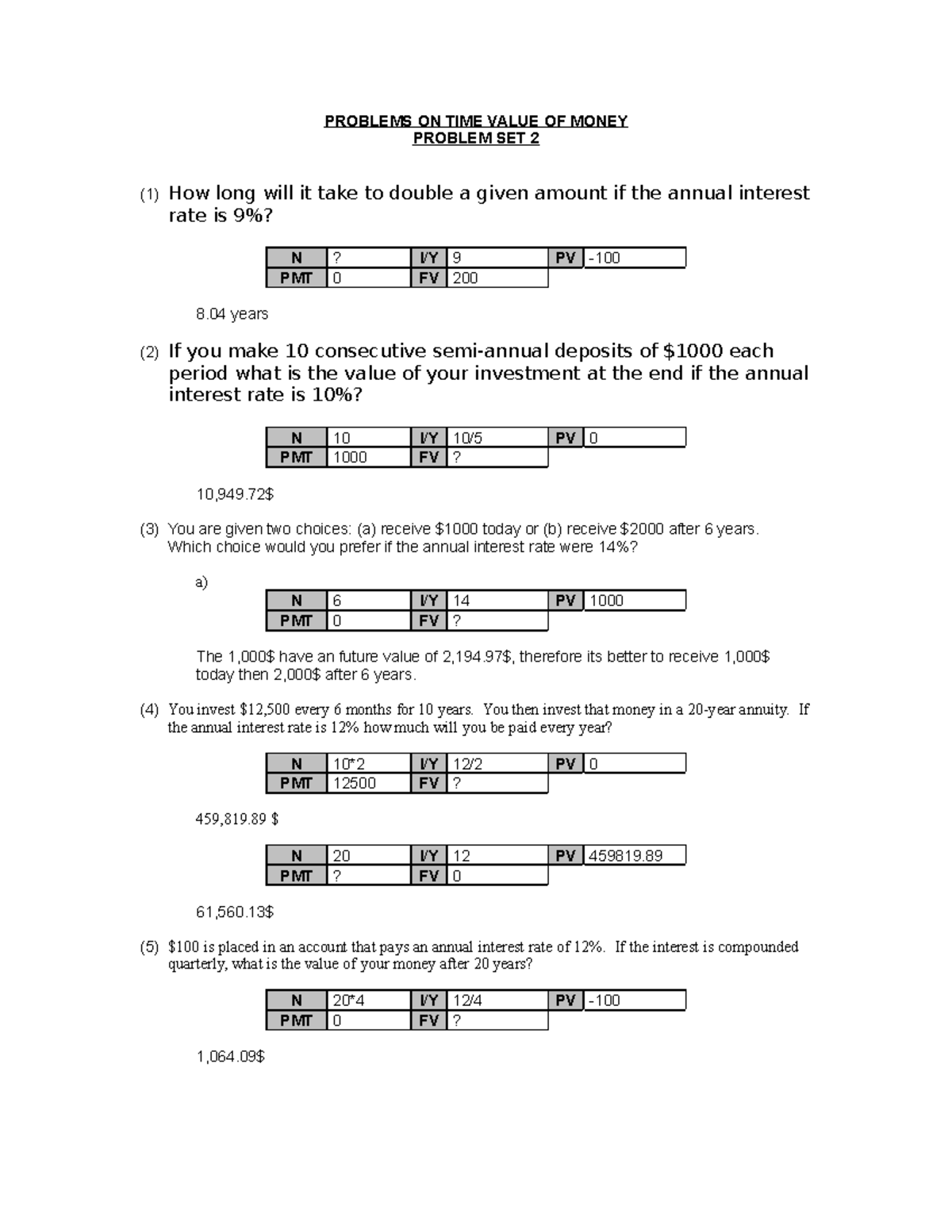 Time Value of Money Problem Set 2 Answers - PROBLEMS ON TIME VALUE OF MONEY PROBLEM SET 2 (1 ...