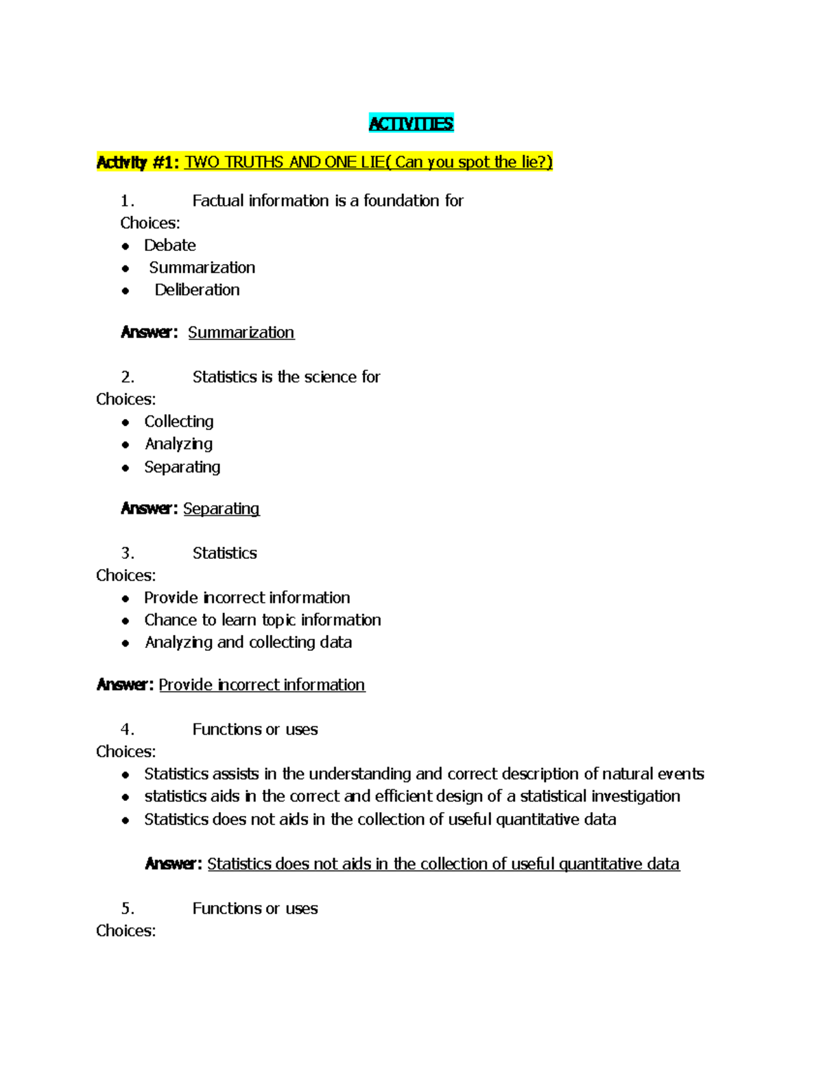 Basic elements of statistics - ACTIVITIES Activity # 1 : TWO TRUTHS AND ...