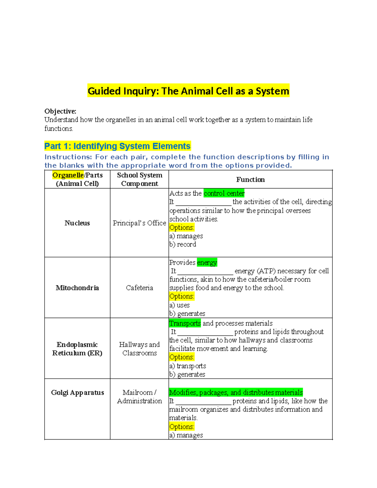 Guided Inquiry-Cell as a system - Guided Inquiry: The Animal Cell as a ...